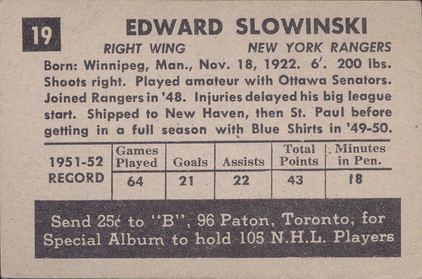 Edward Slowinski 1952-53 Parkhurst 19